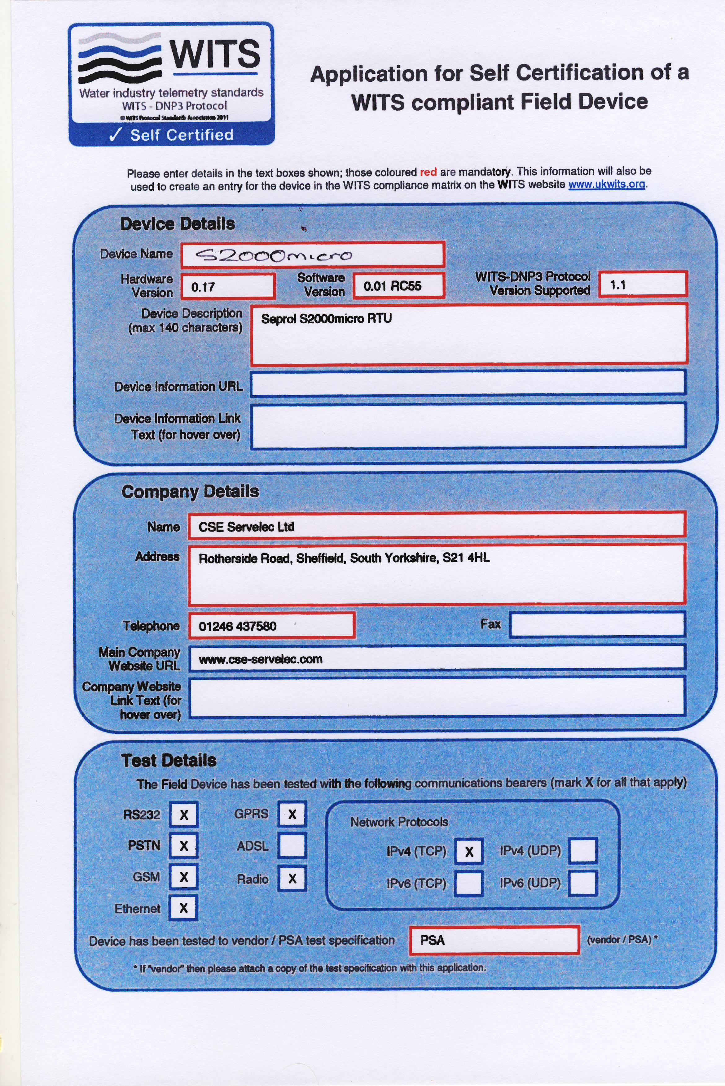 WITS Protocol – Device catalogue
