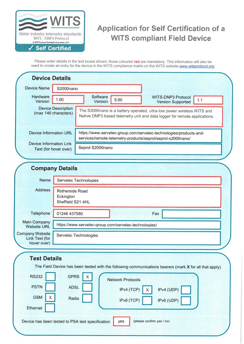 WITS Protocol – Device catalogue